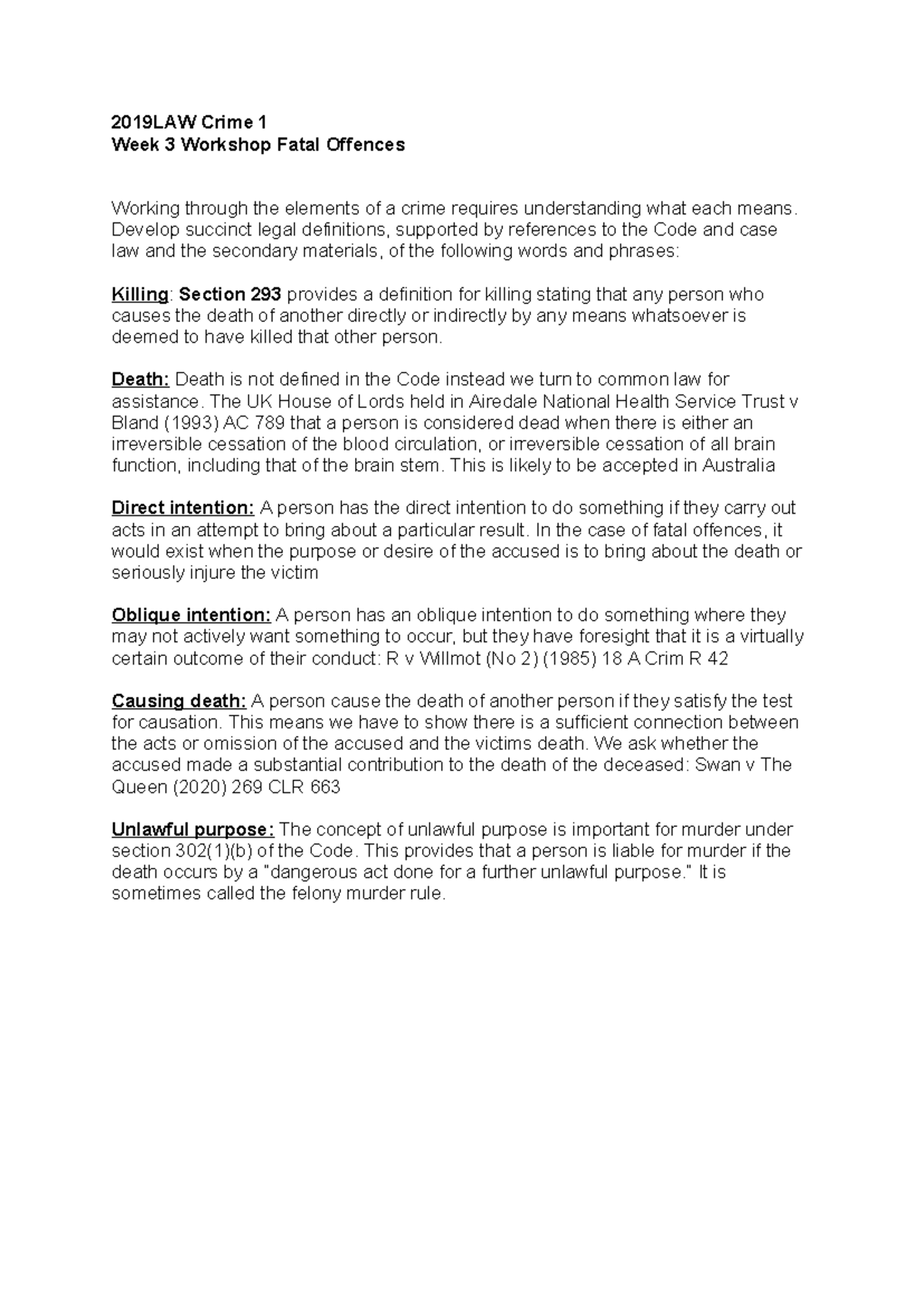 W3 Crime 1 Workshop - 2019LAW Crime 1 Week 3 Workshop Fatal Offences ...