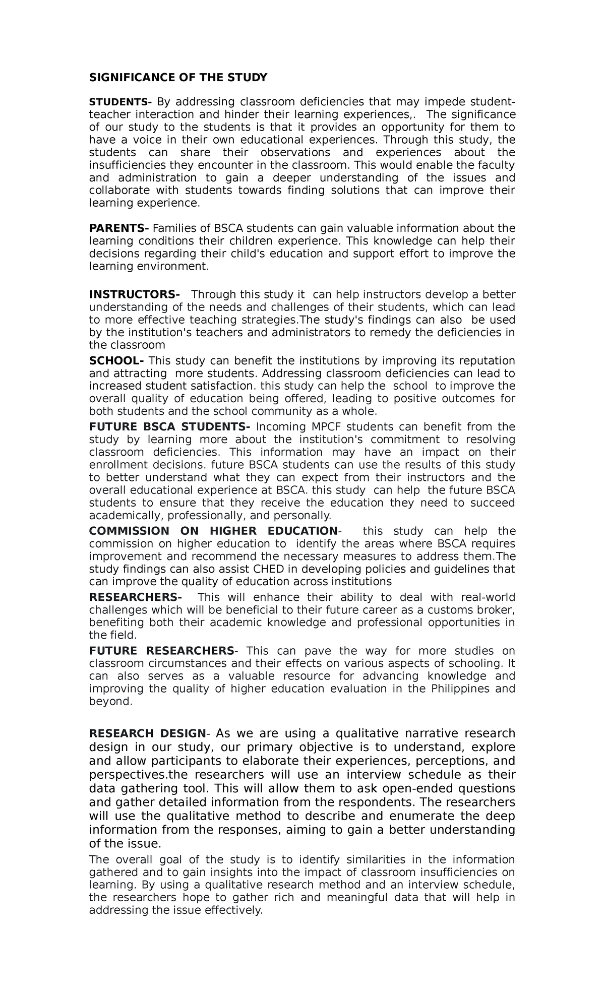 Title-defense - Standard of a good classroom - SIGNIFICANCE OF THE ...