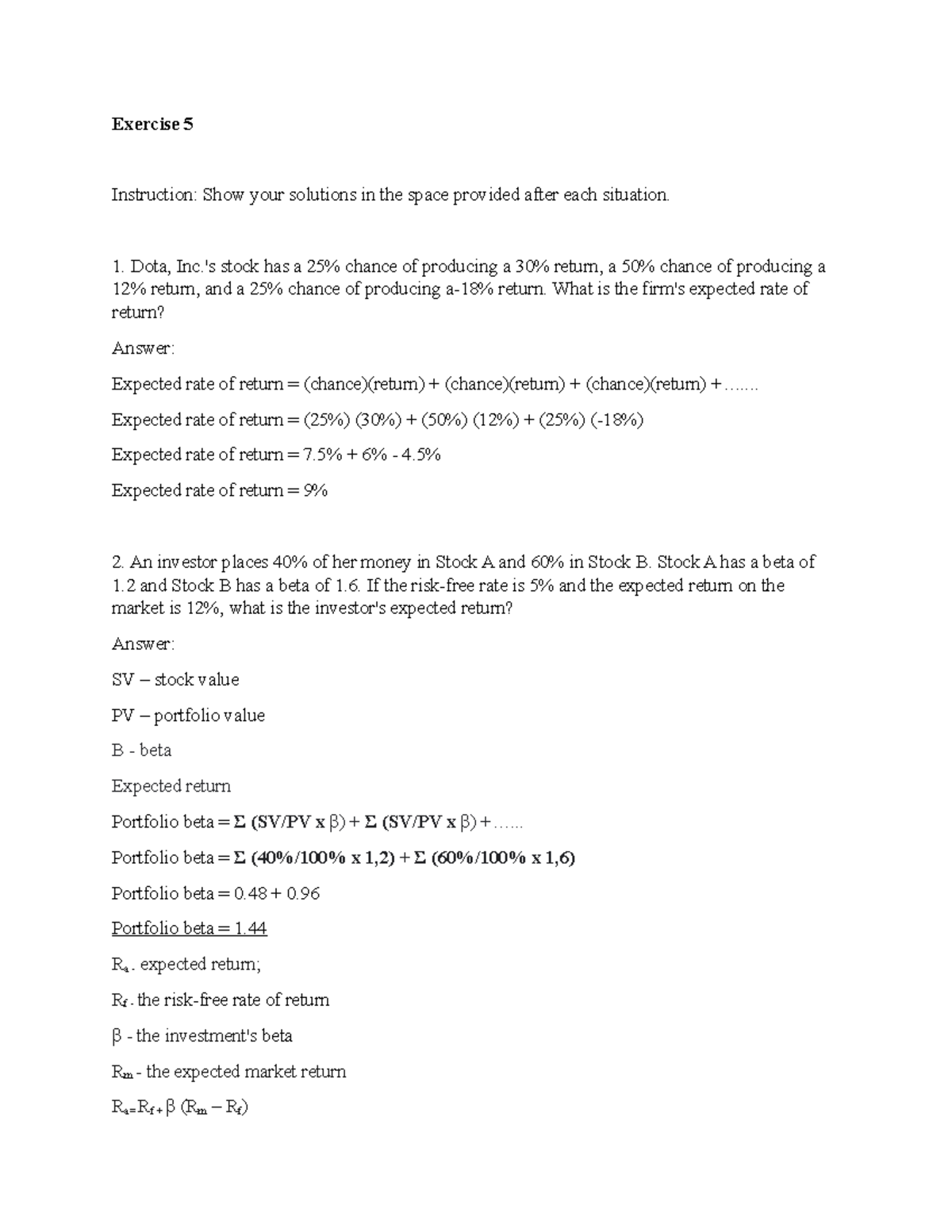 Financial Management Chapter 3 Exercise 5 - Exercise 5 Instruction ...