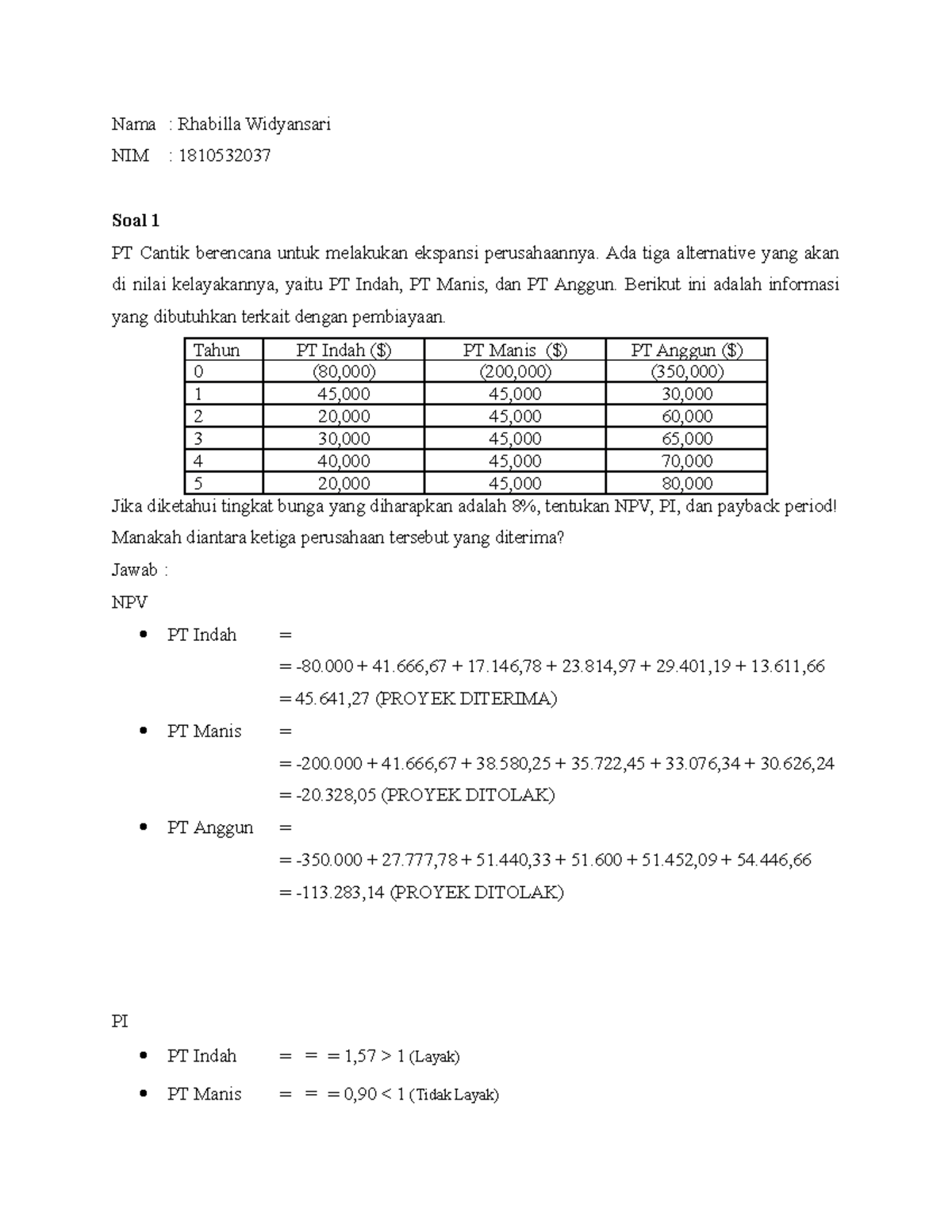 Manajemen Keuangan I - Soal NPV, PI, Payback Period - Nama : Rhabilla ...