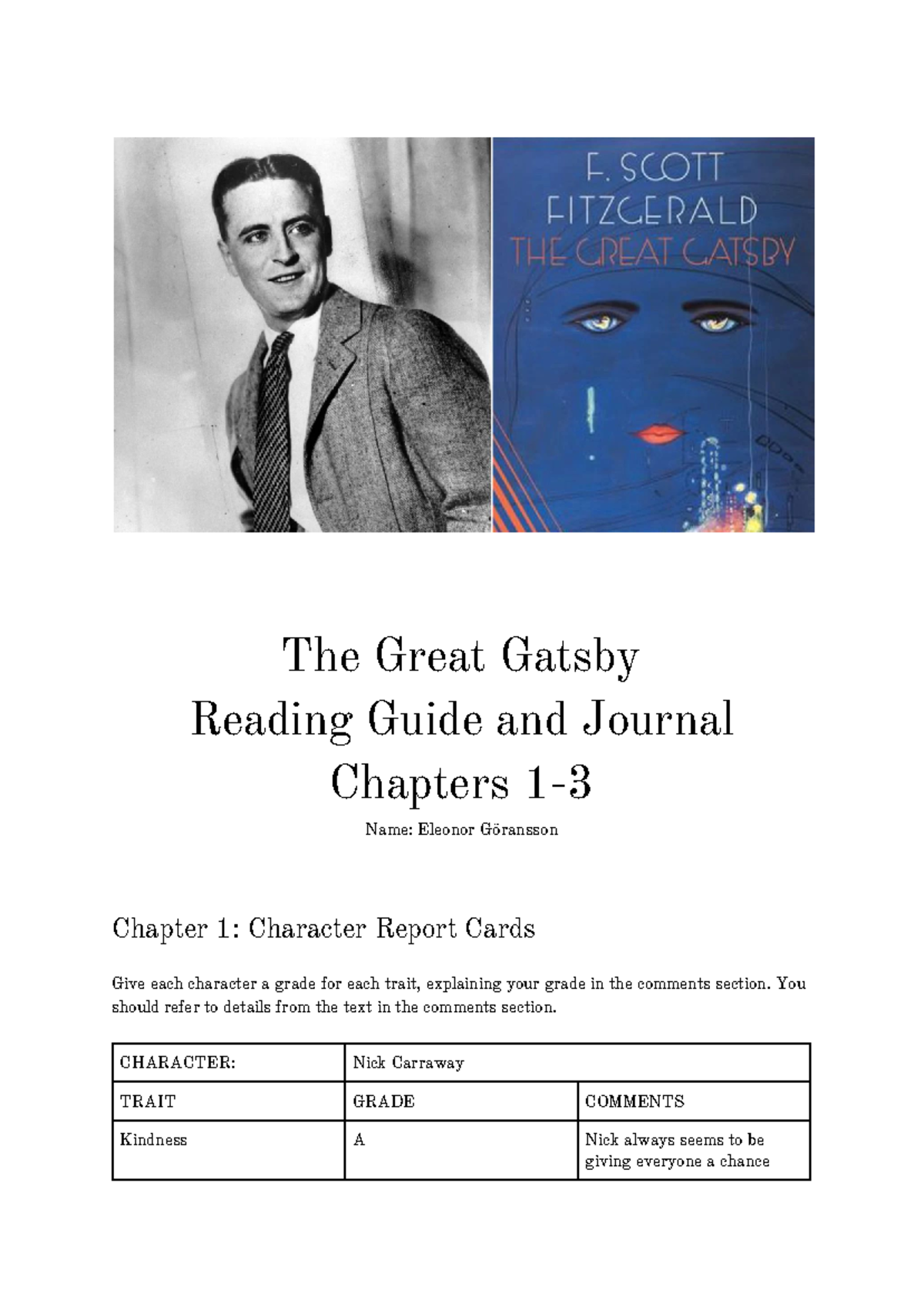 Kopia av Gatsby Reading Journal 1-3-2 - The Great Gatsby Reading Guide ...