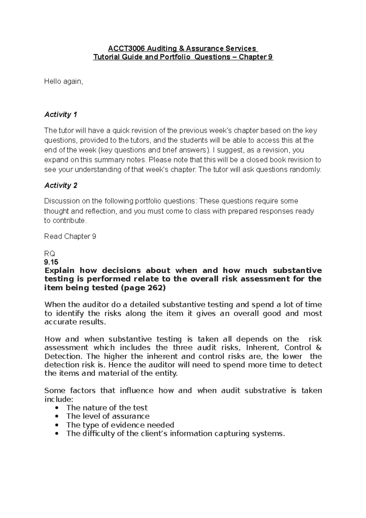 Week 9 - Protfolio - Audit - ACCT3006 Auditing & Assurance Services Tutorial Guide and Portfolio ...