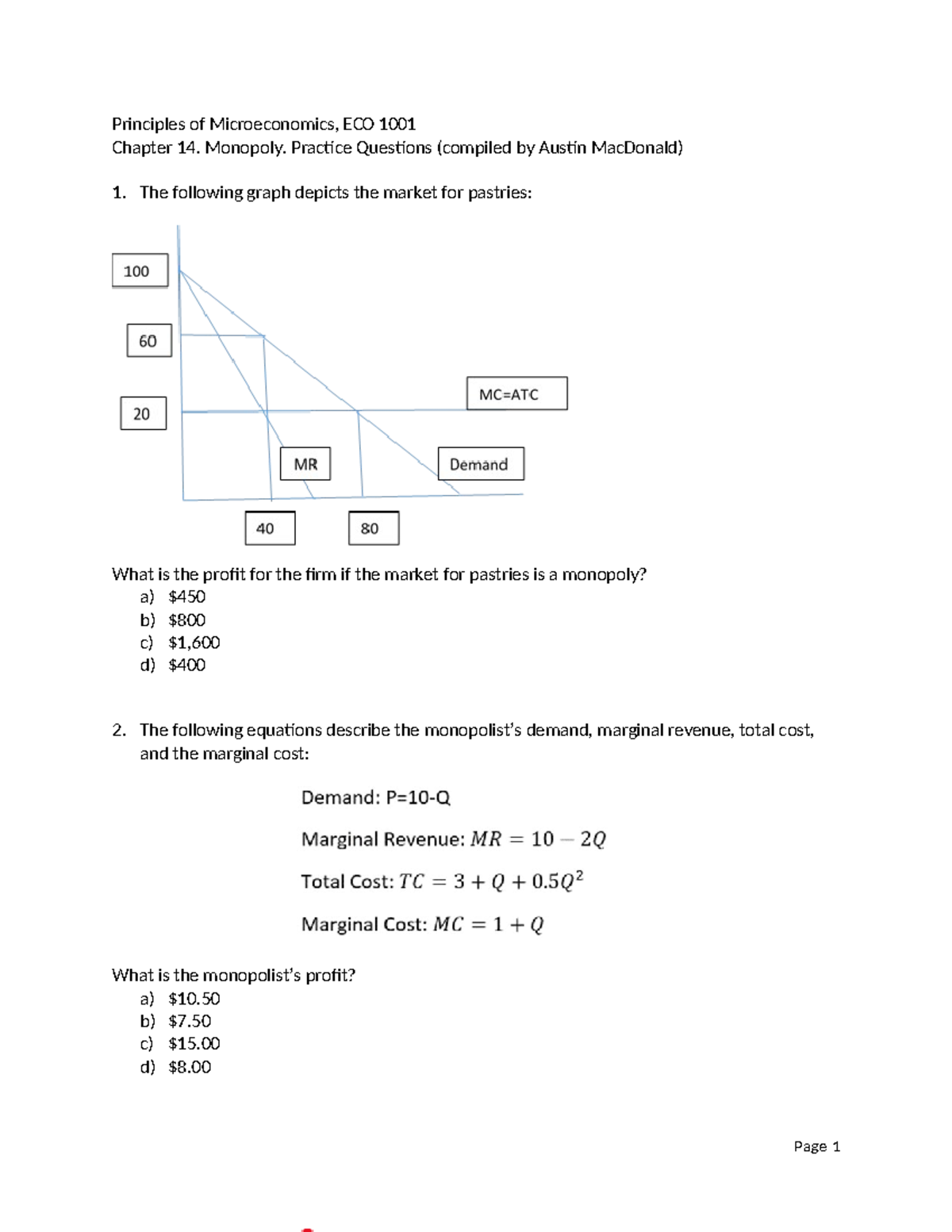 Chapter 14. Monopoly Questions(1) - Principles of Microeconomics, ECO ...