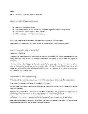 PADM 104 Lesson 3 - office and systems management - PA2A PADM 104 ...