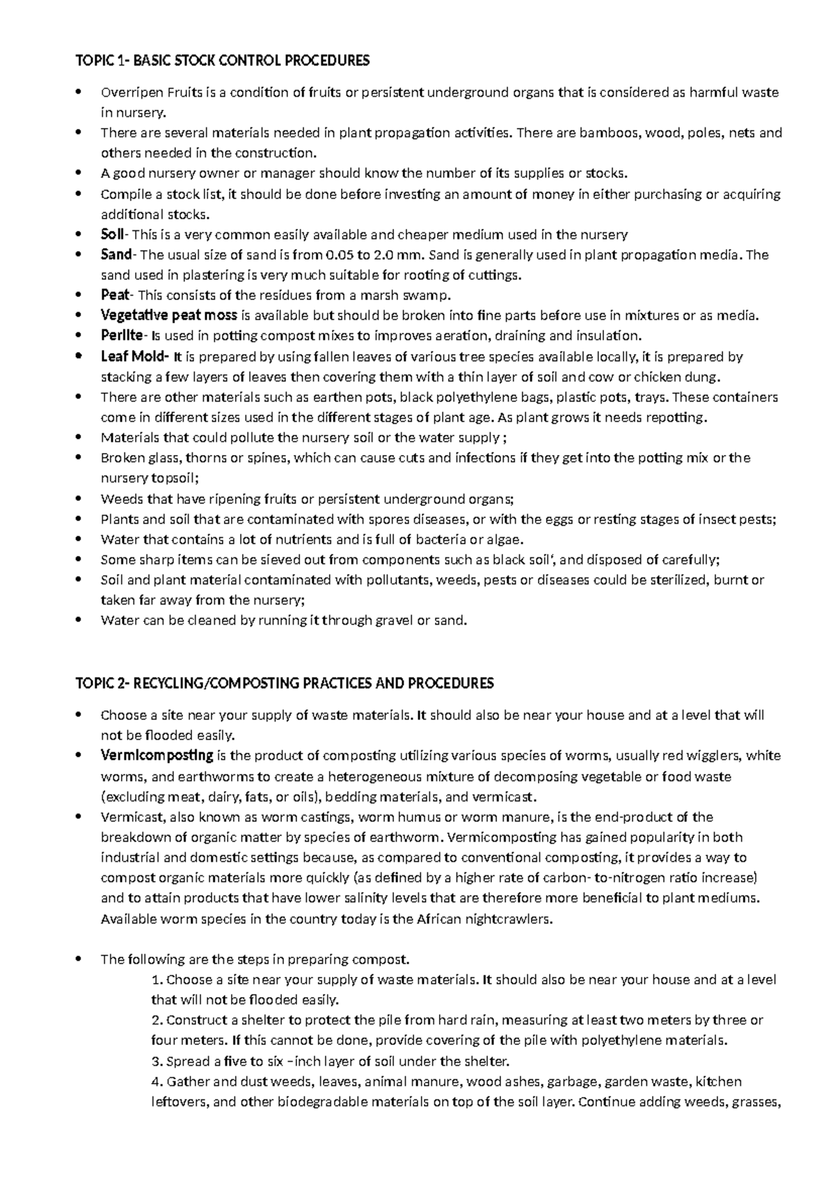 Pointers TO Review - TOPIC 1- BASIC STOCK CONTROL PROCEDURES Overripen ...