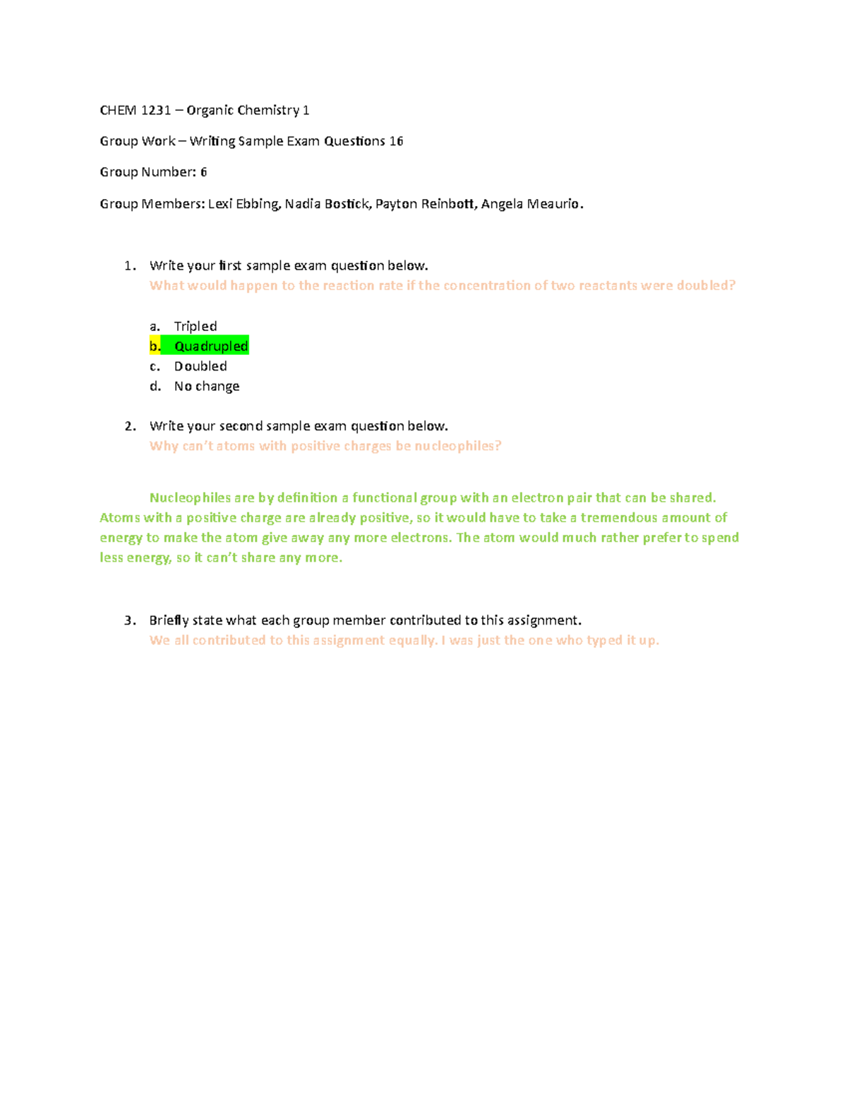 Group Work Sample Exam Questions Activity 19 - CHEM 1231 – Organic ...