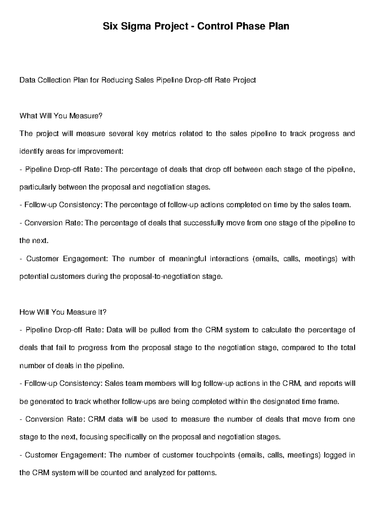 Six Sigma Project Control Plan with Execution v2 - Six Sigma Project ...