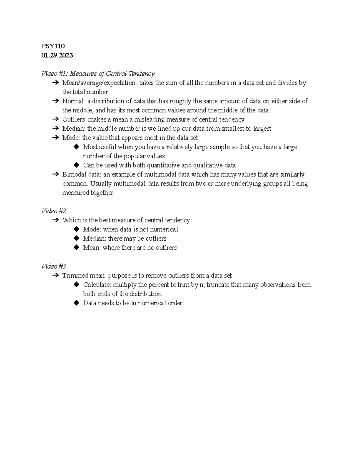 01.29.2023 homework notes - PSY 01. Video #1: Measures of Central ...