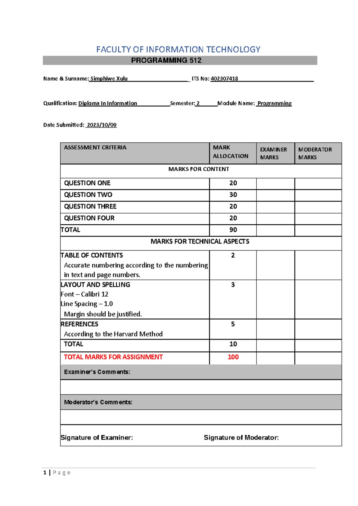 402307418 PROG512 Assignment - FACULTY OF INFORMATION TECHNOLOGY PROGRAMMING 512 Name & Surname ...
