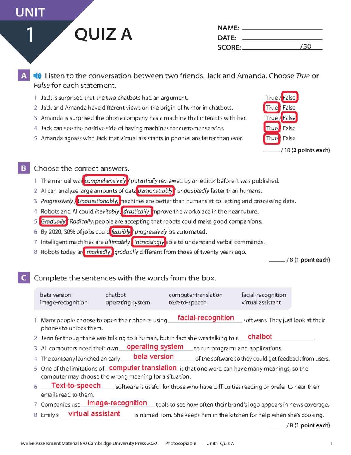 Unit 1 Quiz A - Evolve Test - Evolve Assessment Material 6 © Cambridge ...