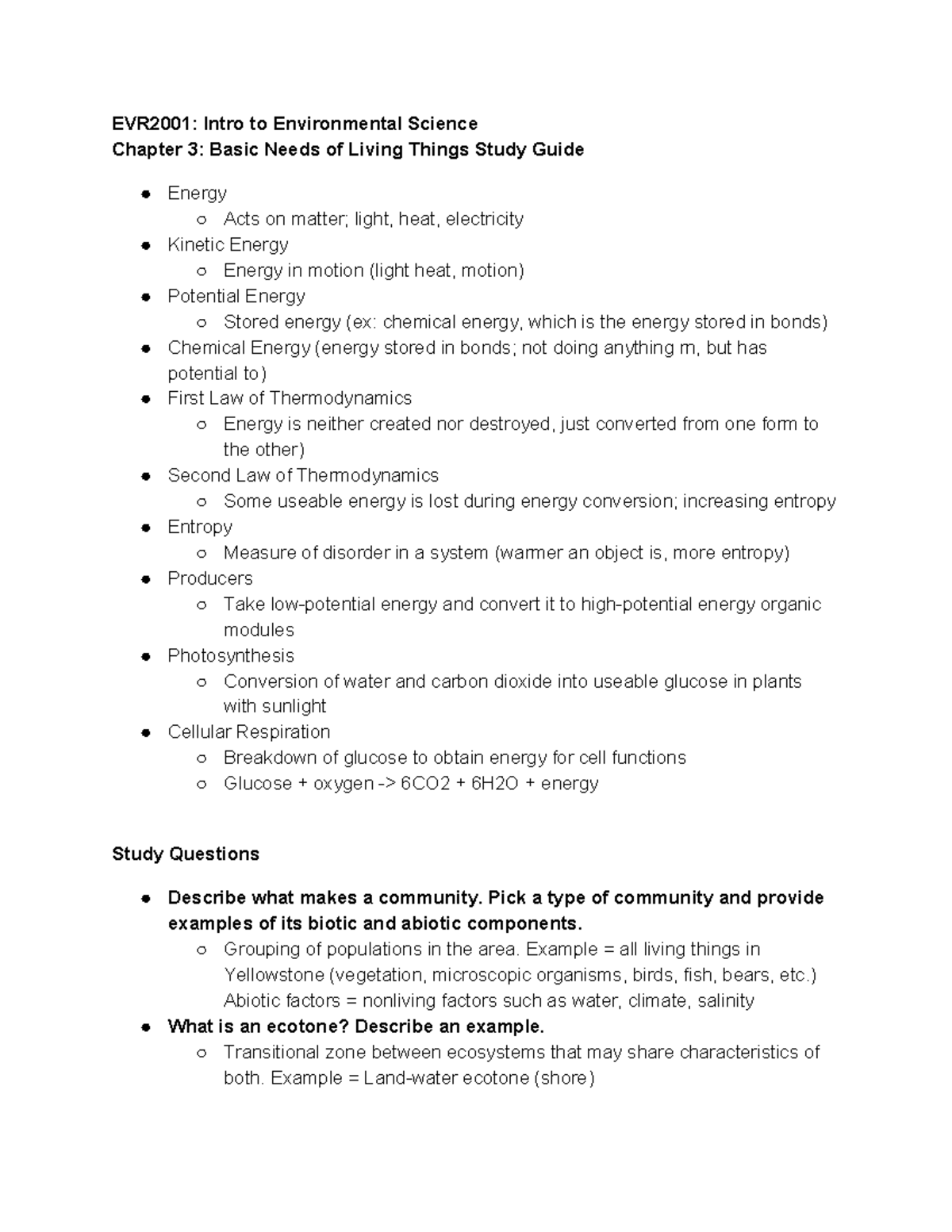 EVR 2001 CHP.3 Study Guide - EVR2001: Intro to Environmental Science ...