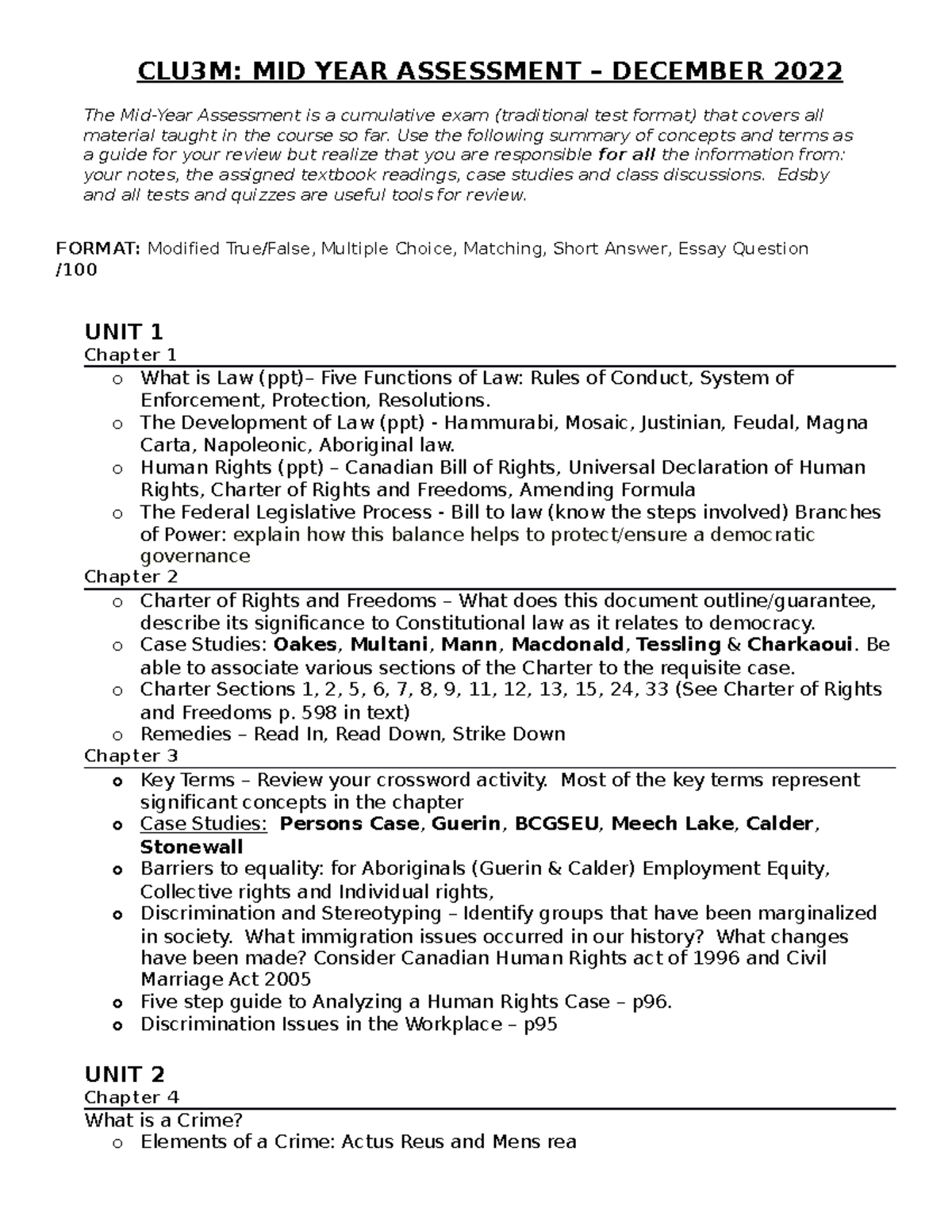 CLU3M Mid Year Assessment Review - CLU3M: MID YEAR ASSESSMENT ...