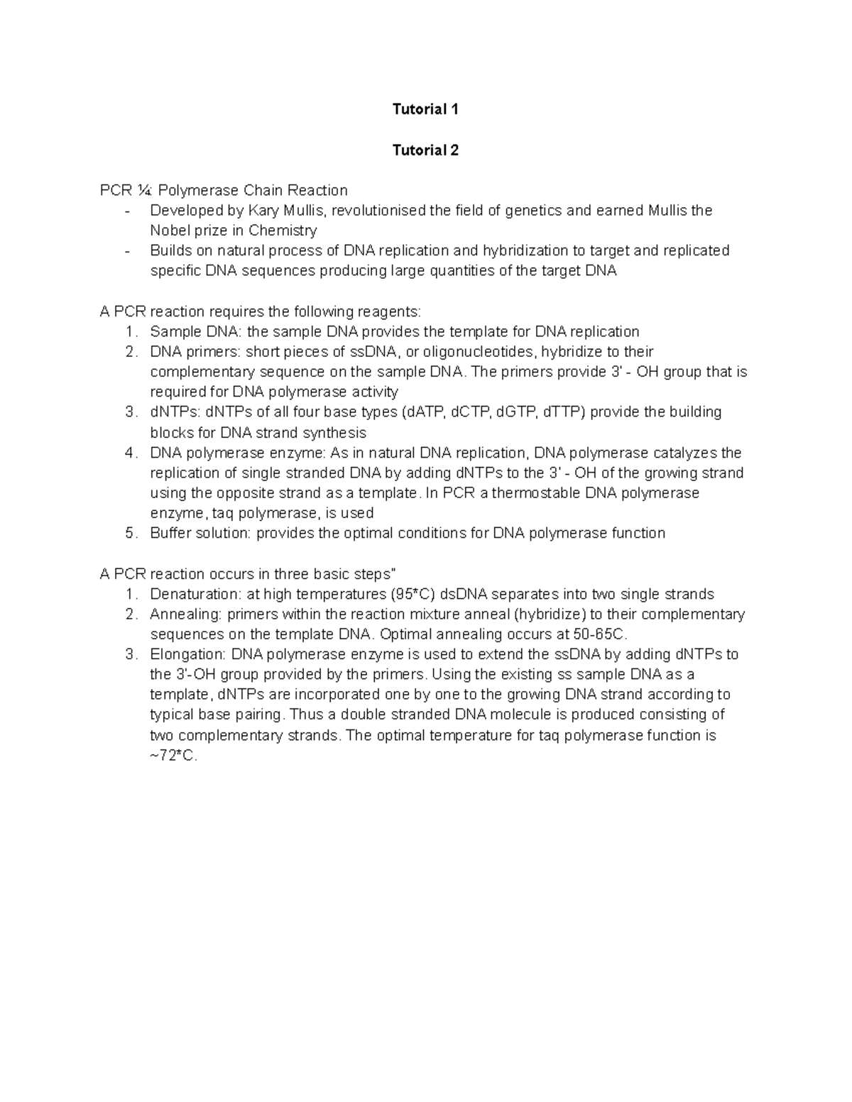 MCB 2050 Tutorial Notes - Tutorial 1 Tutorial 2 PCR ¼: Polymerase Chain ...
