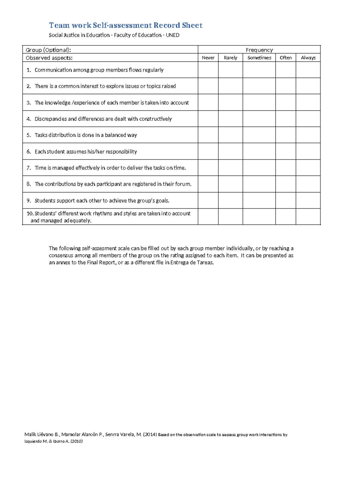 Teamwork Self-assessment Social Justice old - Team work Self-assessment ...