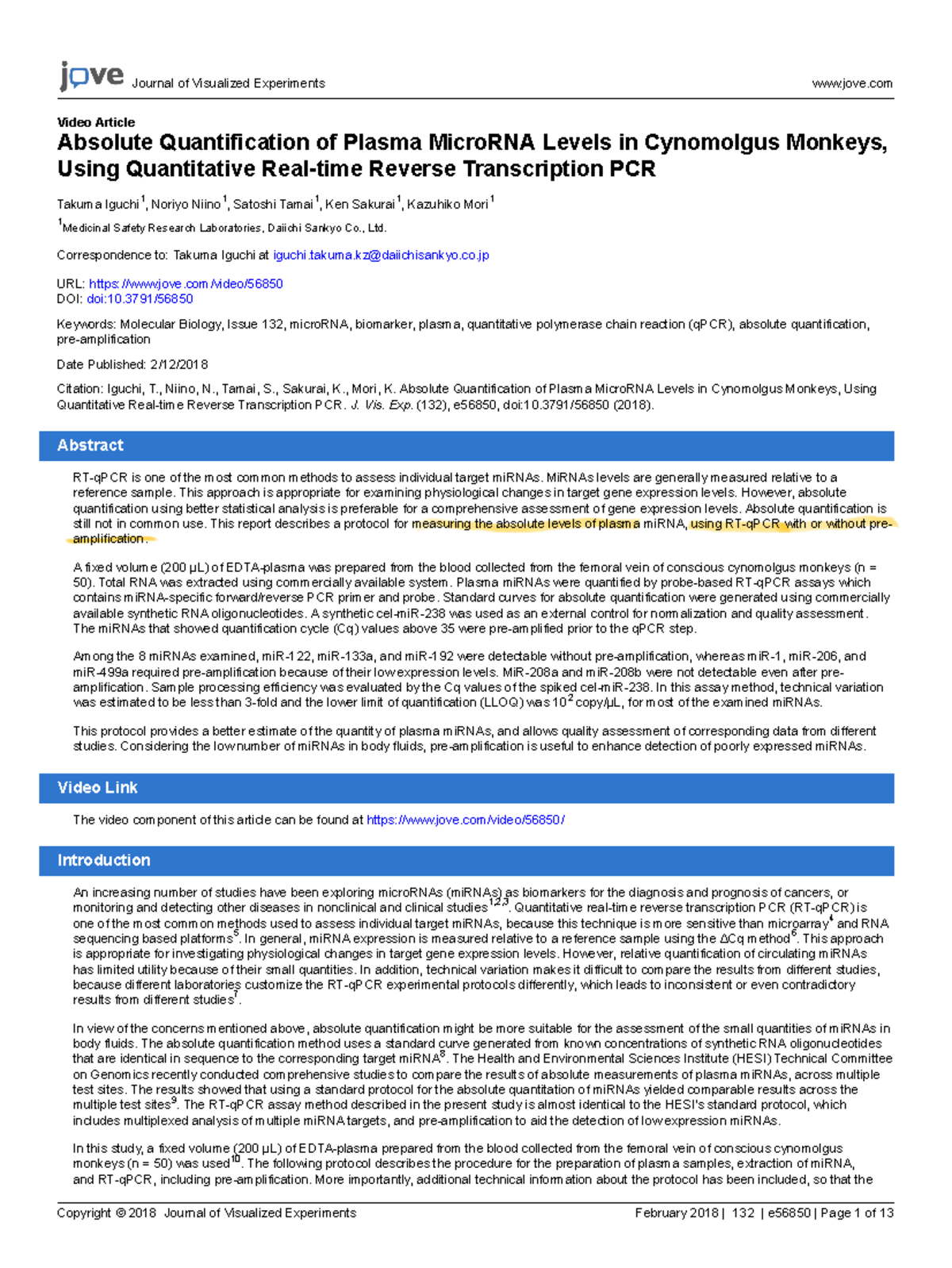 Absolute Quantification of Plasma Micro RNA Levels in Cynomolgus Monkeys, Using Quantitative ...