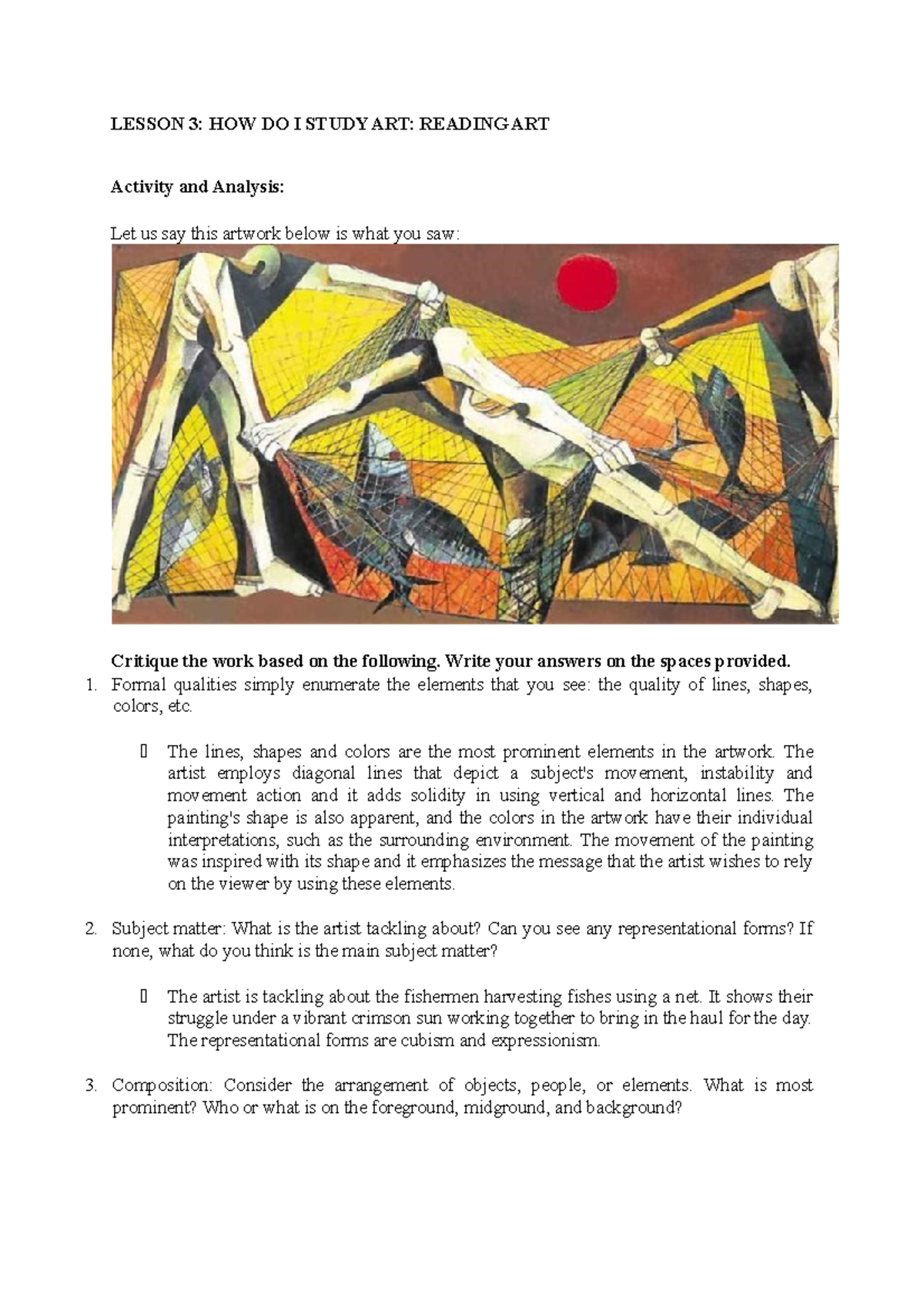 Reading Art - LESSON 3: HOW DO I STUDY ART: READING ART Activity and ...