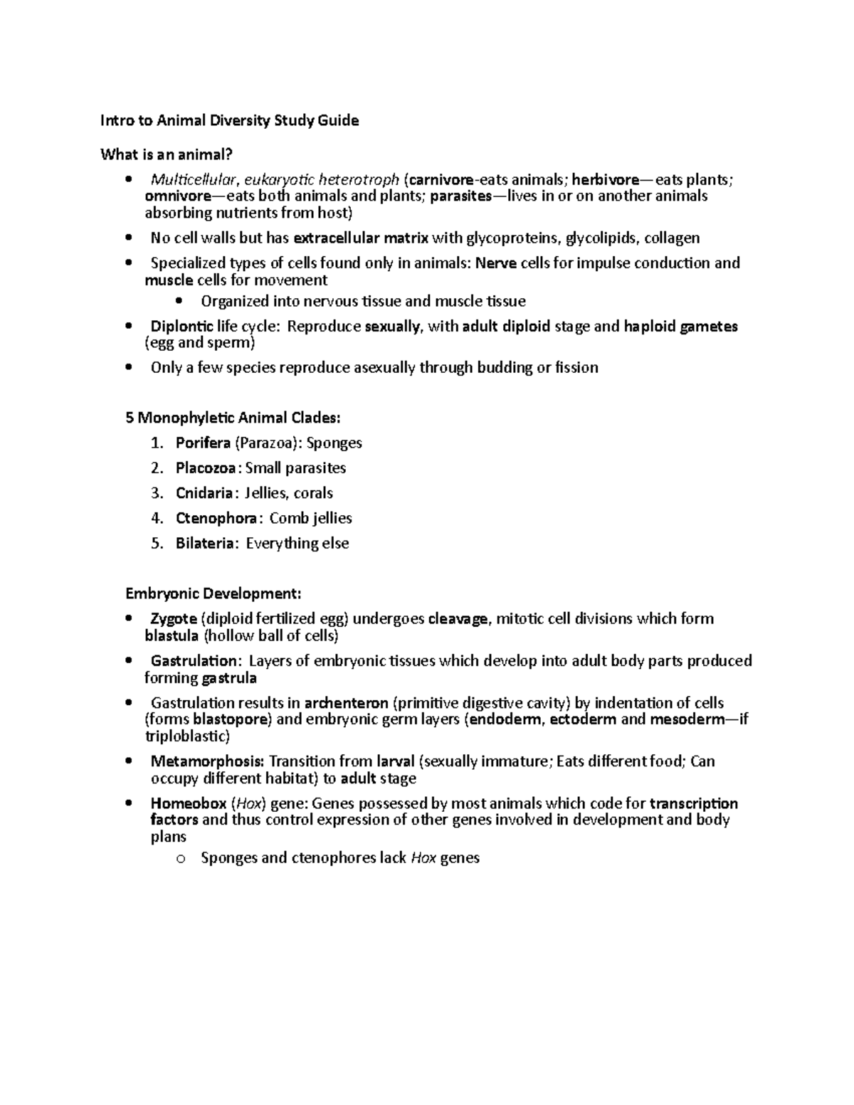 Intro to Animal Diversity Study Guide - Porifera (Parazoa): Sponges 2 ...