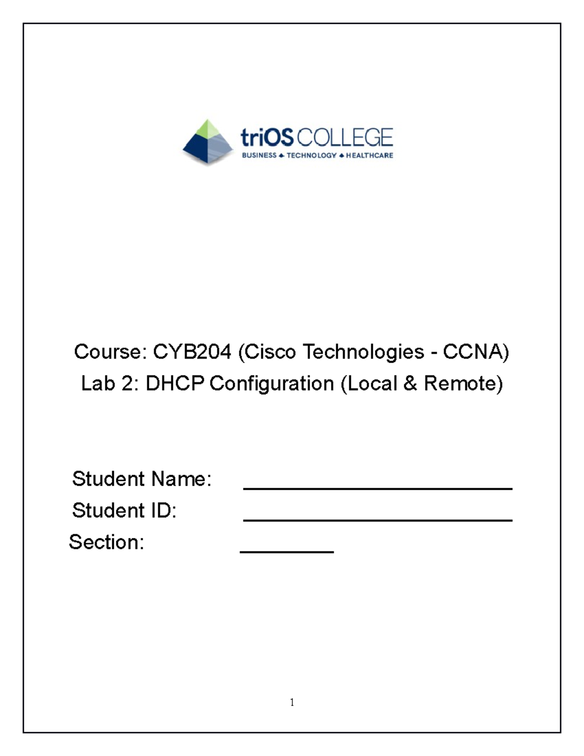 Lab 2 - DHCP Configuration manual - Course: CYB204 (Cisco Technologies ...
