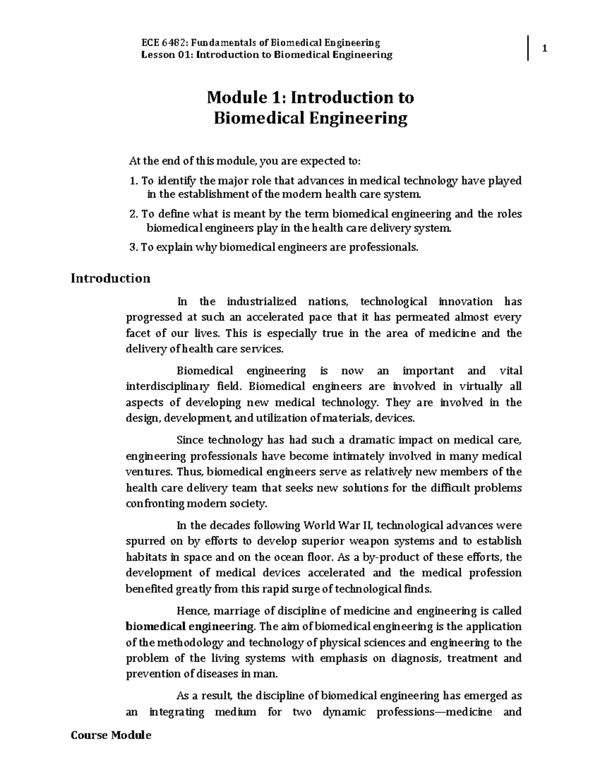 Week 1 - Lesson 01: Introduction to Biomedical Engineering 1 Module 1 ...