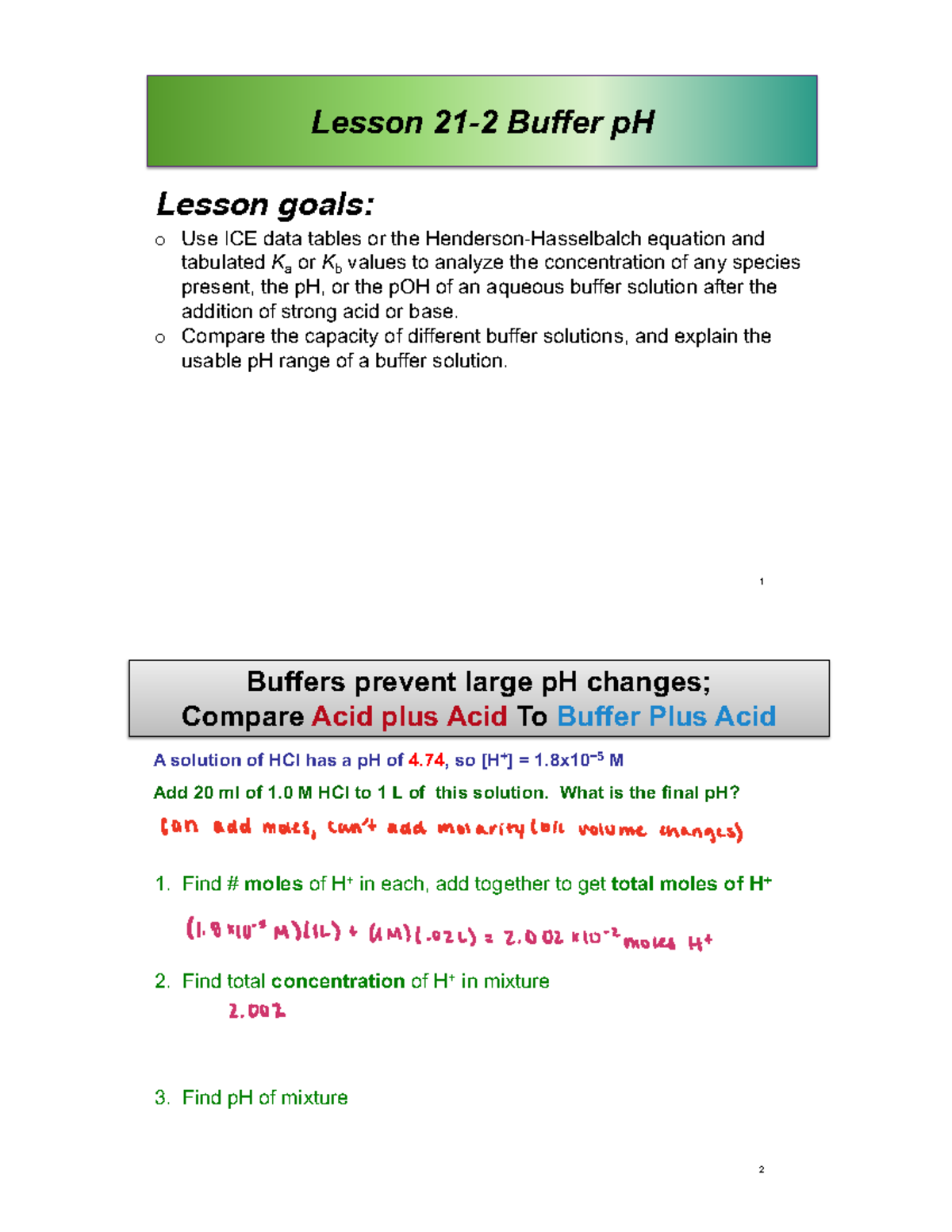 27 - Lori Stepan-CHEM112 - 1 Lesson 21-2 Buffer pH Lesson goals: o Use ...