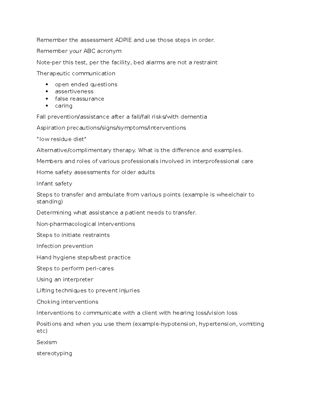 Winter 24 exam 1 prep - Study guide - Remember the assessment ADPIE and ...