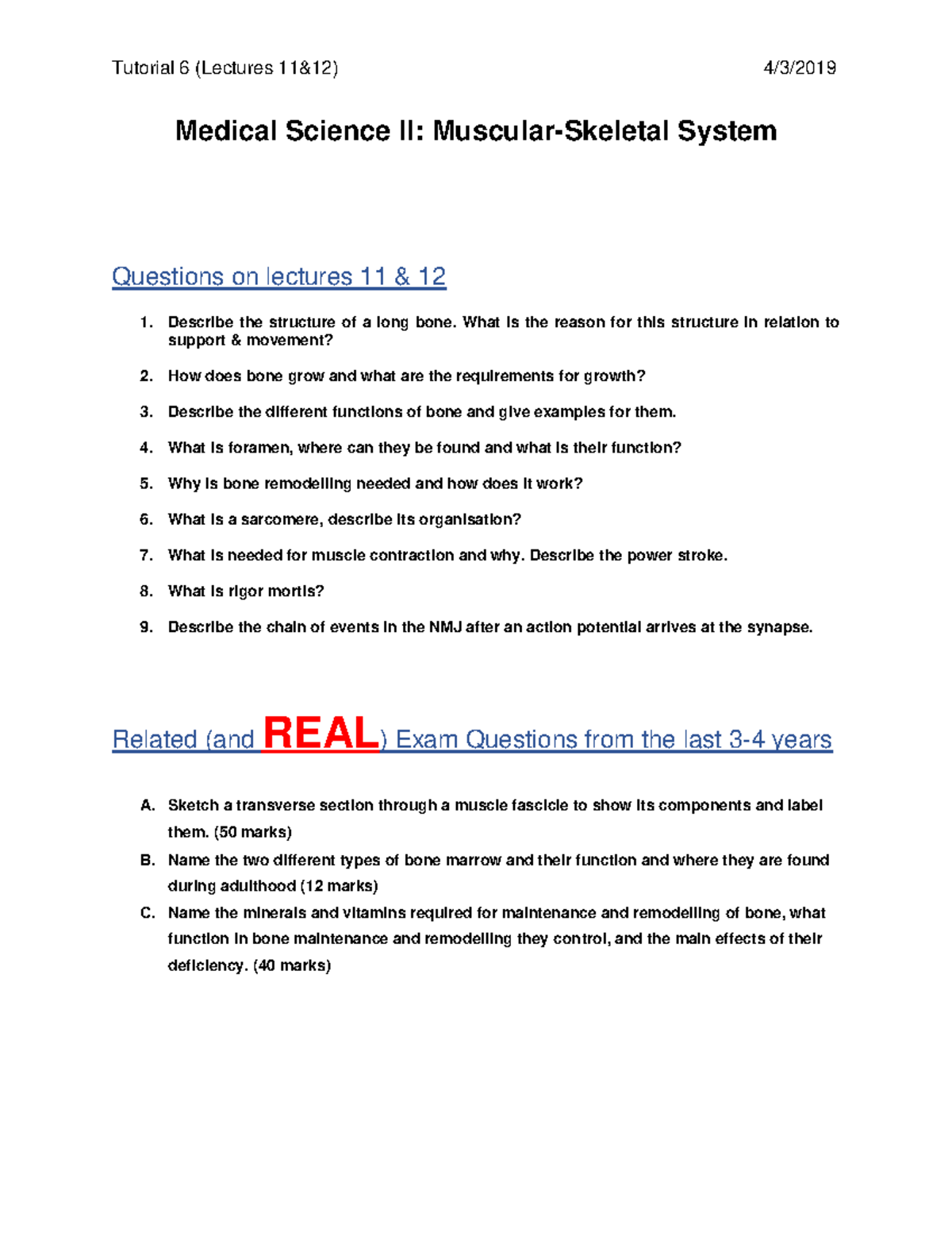 Tutorial 6 - Tutorial 6 (Lectures 11&12) 4/3/ Medical Science II: Muscular-Skeletal System - Studocu