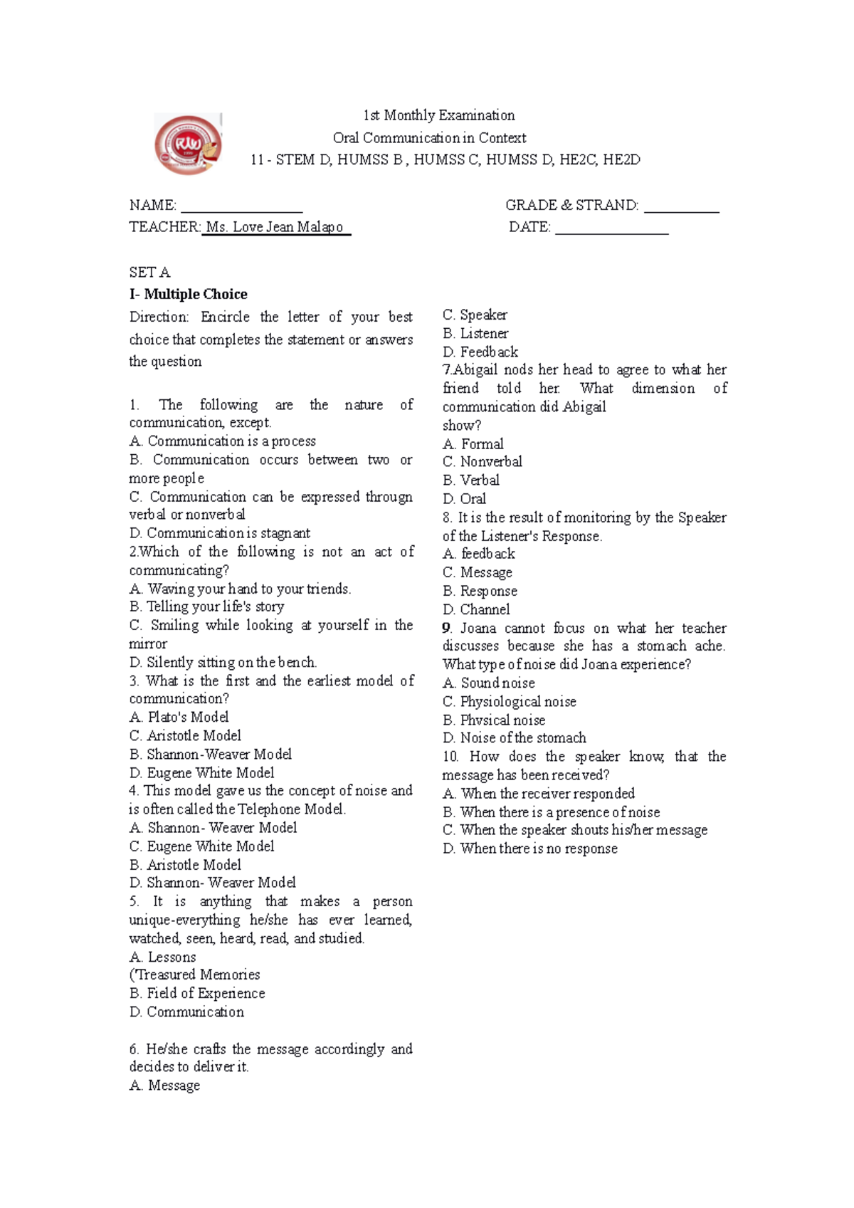 SET A EXAM - Exam - 1 st Monthly Examination Oral Communication in ...