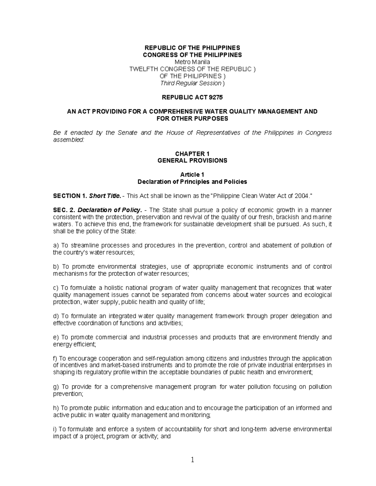 RA-9275 Clean Water Act of 2004 - REPUBLIC OF THE PHILIPPINES CONGRESS ...