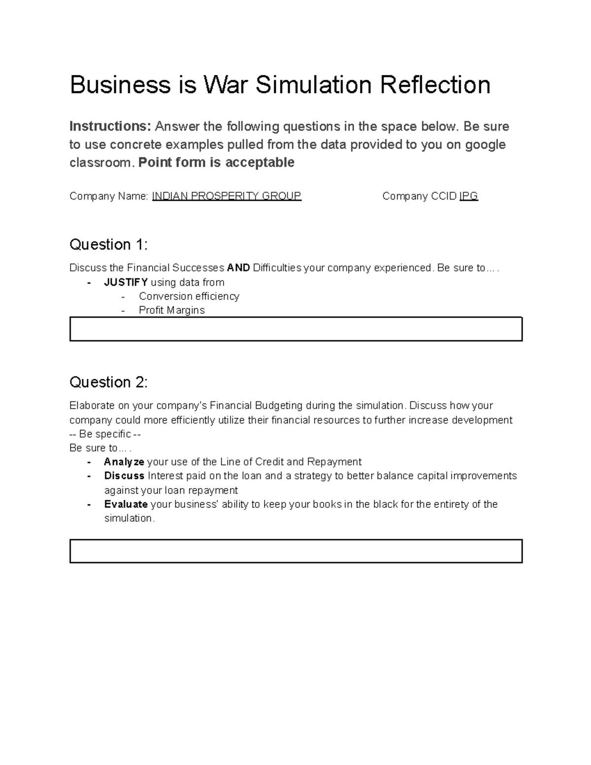 Sim 3 Self Reflection - information - Business is War Simulation ...