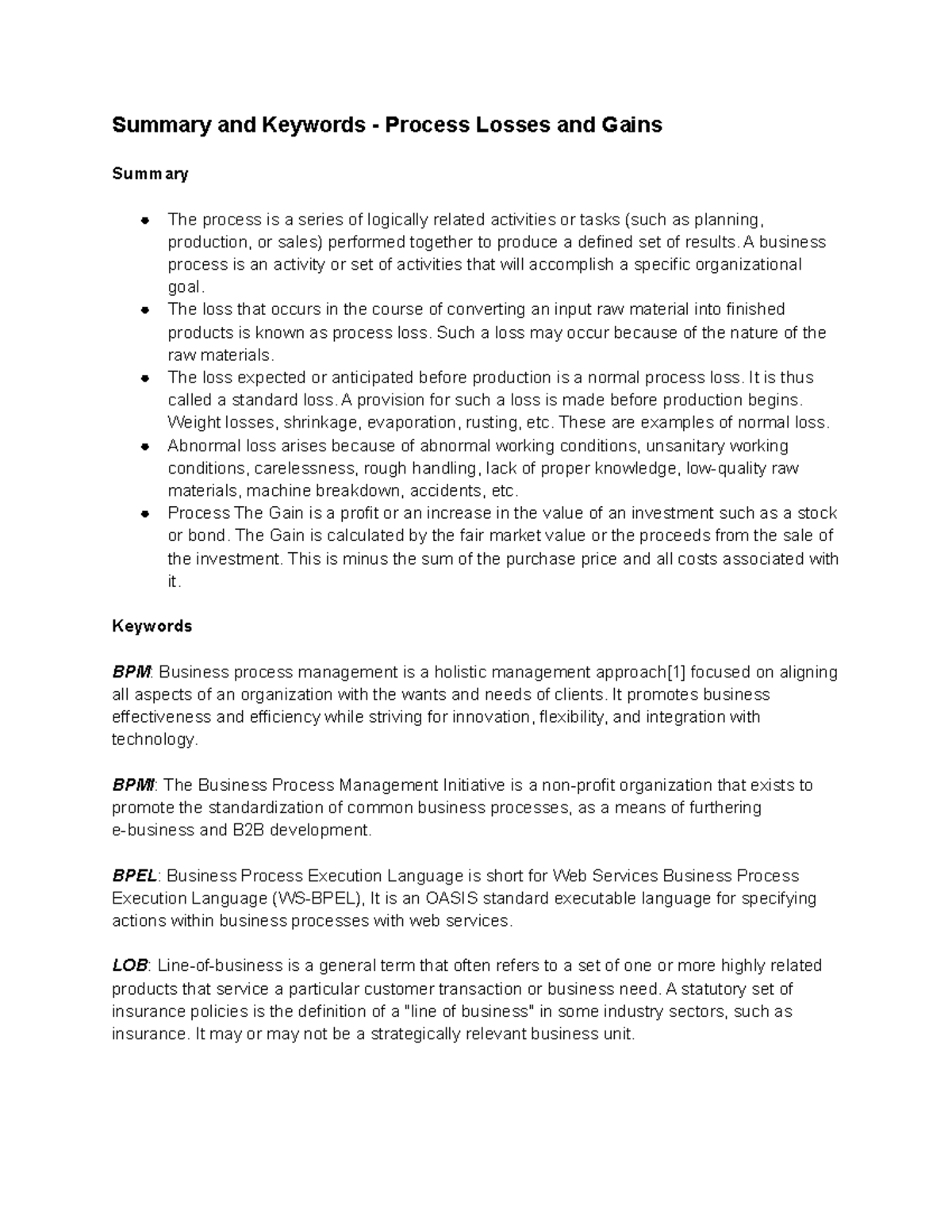 Summary and Keywords - Process Losses and Gains - Summary and Keywords ...