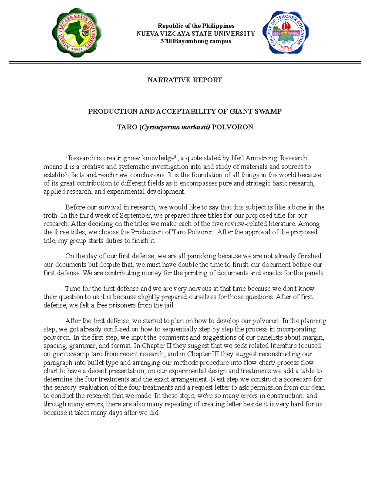 Narrative Report - Republic of the Philippines NUEVA VIZCAYA STATE ...