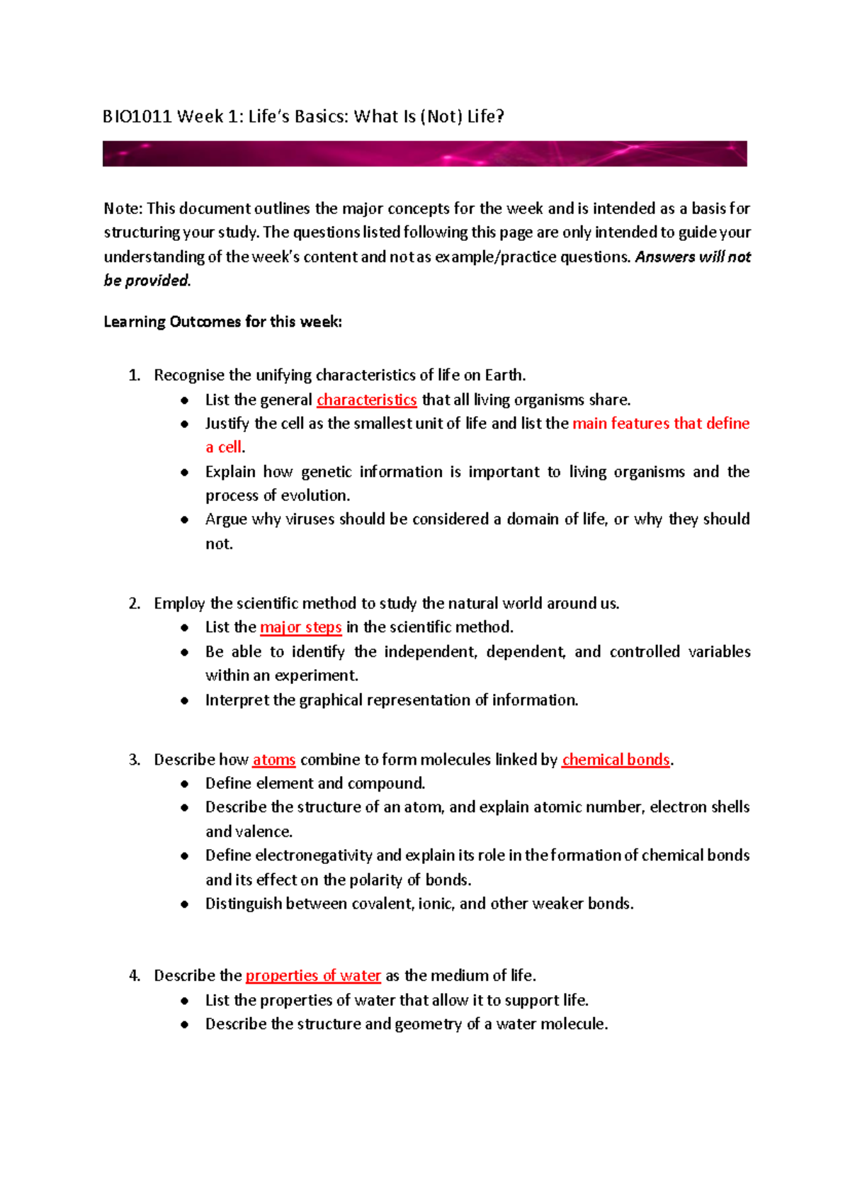 Week 1 Study Guide - BIO1011 Week 1: Life’s Basics: What Is (Not) Life ...