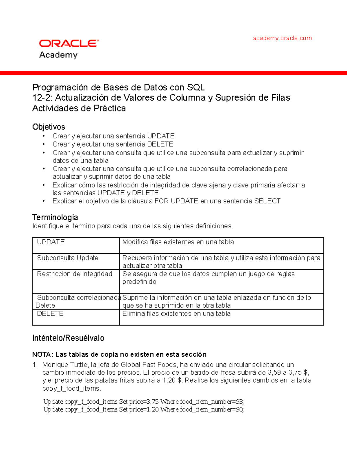 DP 12 2 Practice esp - Programación de Bases de Datos con SQL 12-2: Actualización de Valores de ...