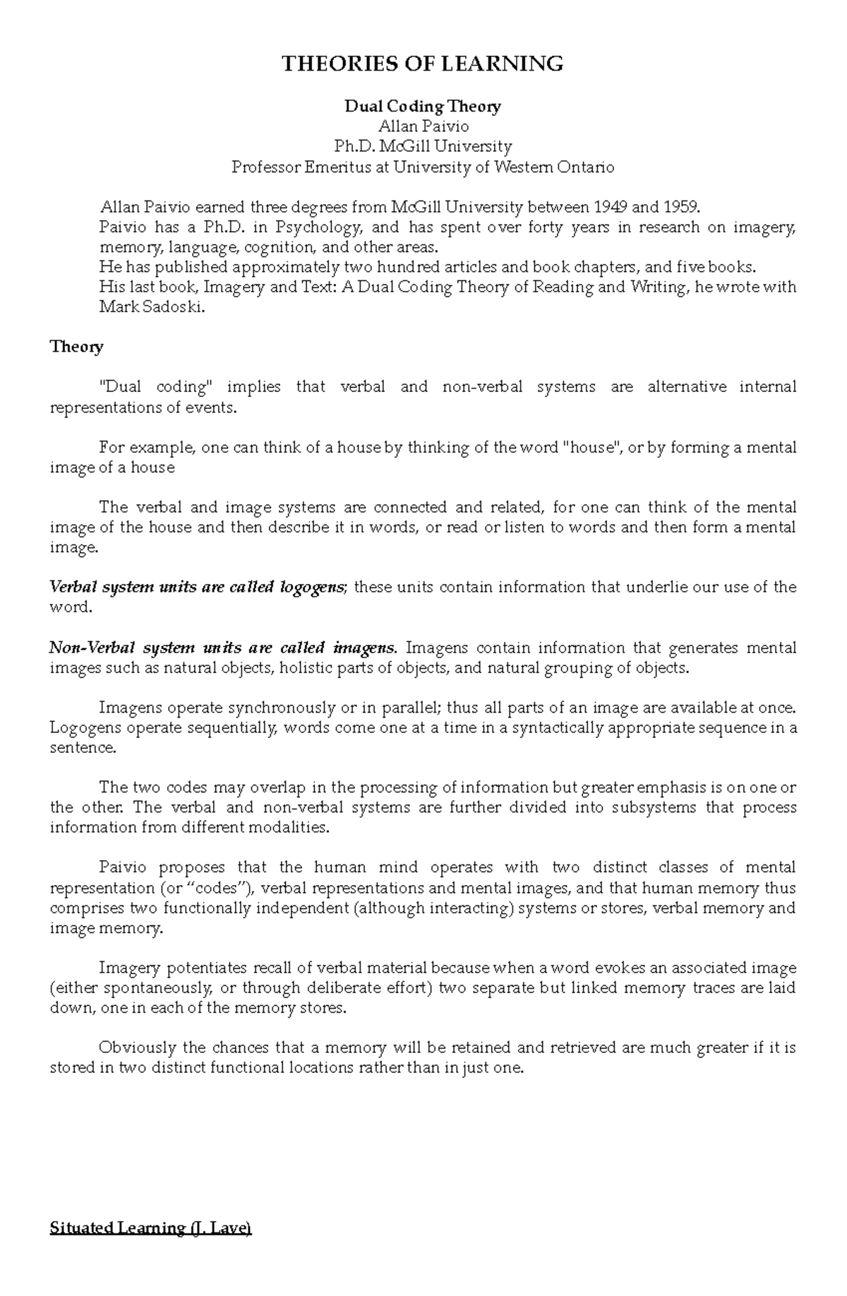 Theories OF Learning - THEORIES OF LEARNING Dual Coding Theory Allan ...