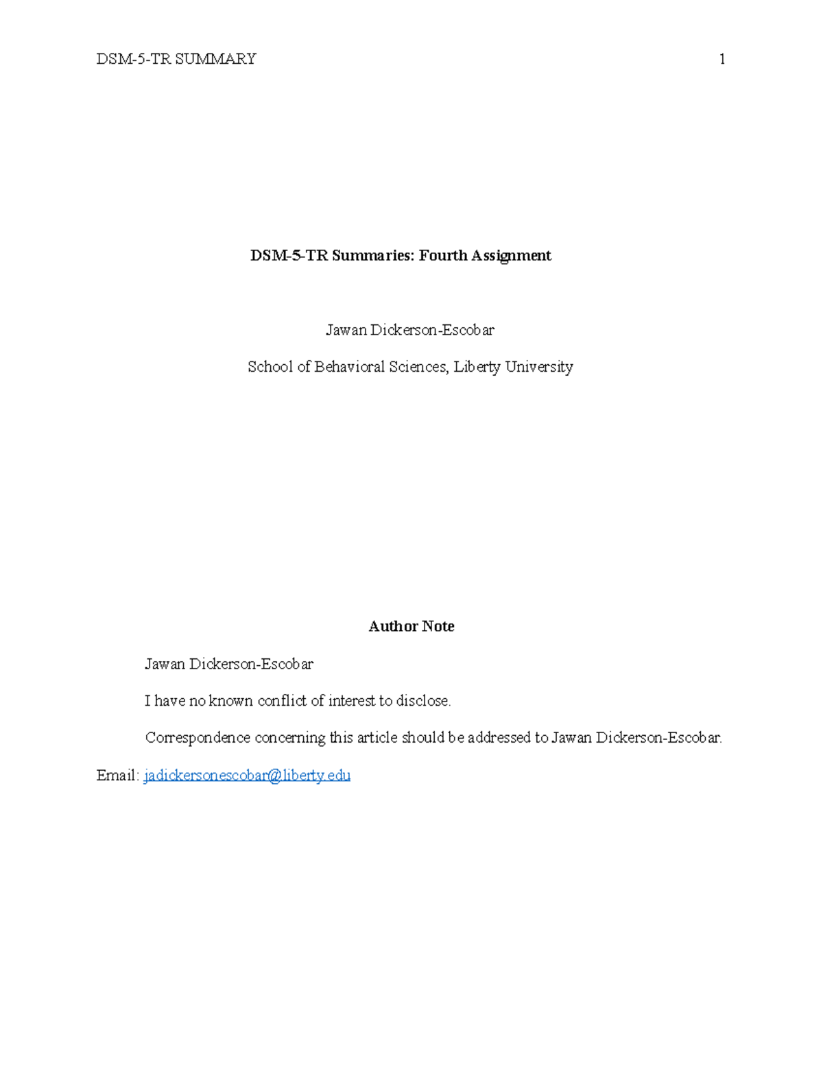 DSM-5-TR Fourth Assignment - DSM-5-TR Summaries: Fourth Assignment Jawan Dickerson-Escobar ...