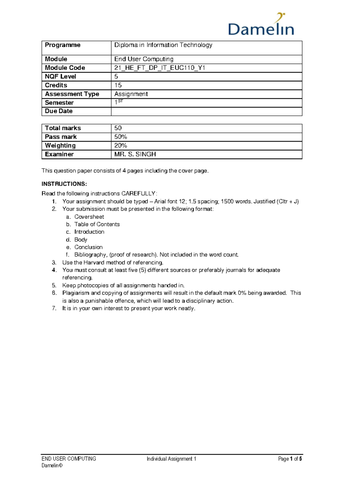 EUC assignment 26 april - END USER COMPUTING Individual Assignment 1 ...