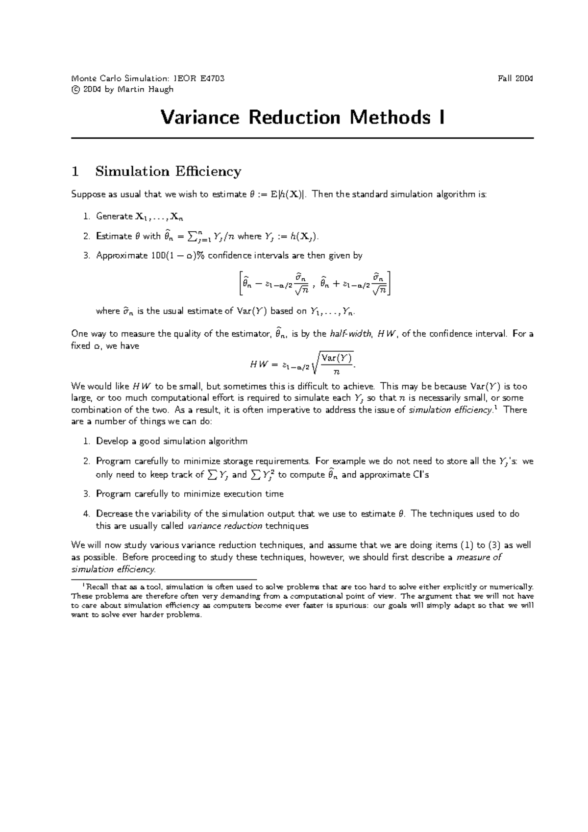 Variance Reduction Method Monte Carlo Simulation Ieor E4703 Fall