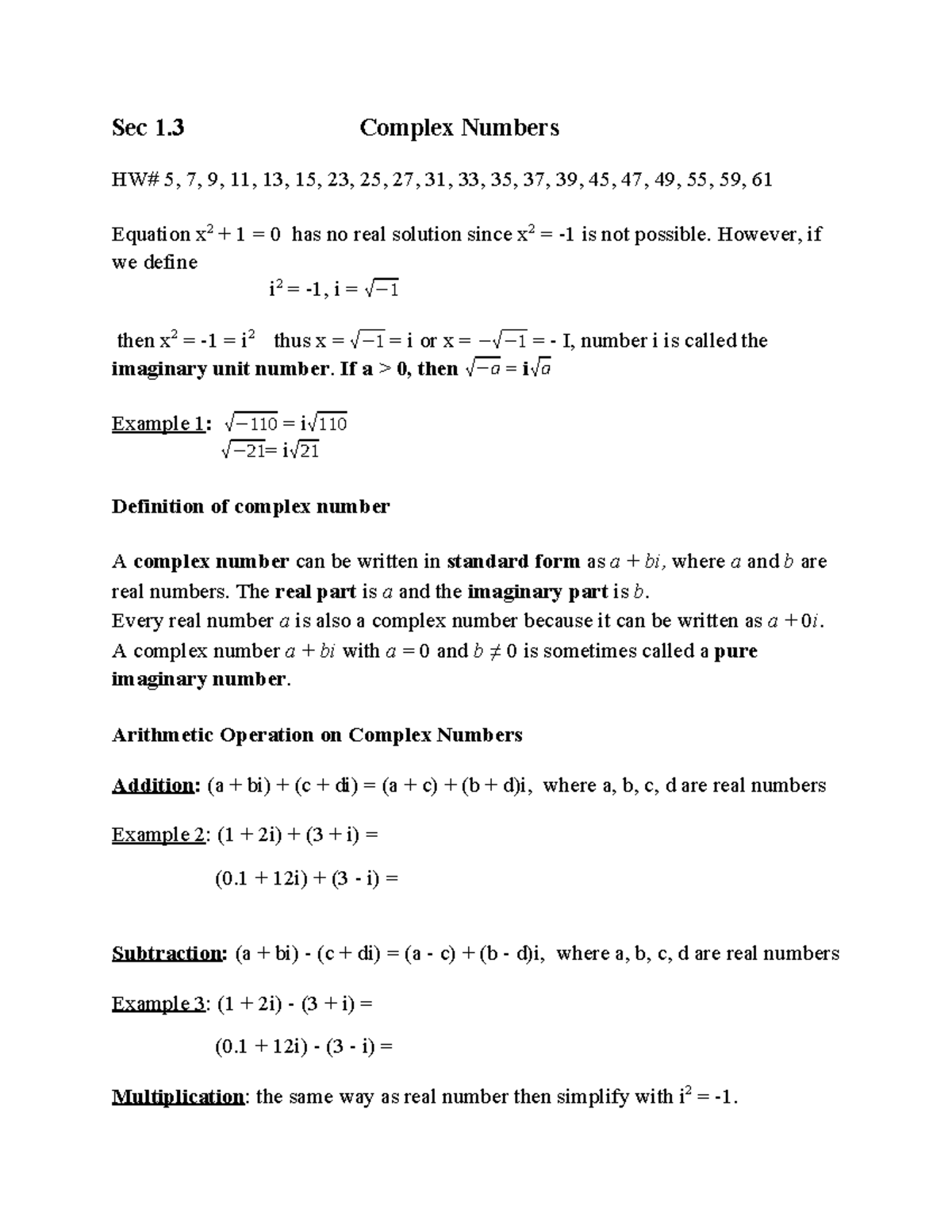 1414 - 1.3 Complex numbers(1)(1)(1) - Sec 1 Complex Numbers HW# 5, 7, 9, 11, 13, 15, 23, 25, 27 ...
