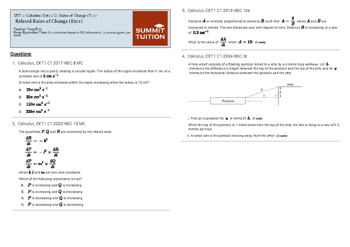 Further Rates Tutorial Related Rate of change HSC - 1. Calculus, EXT1 ...