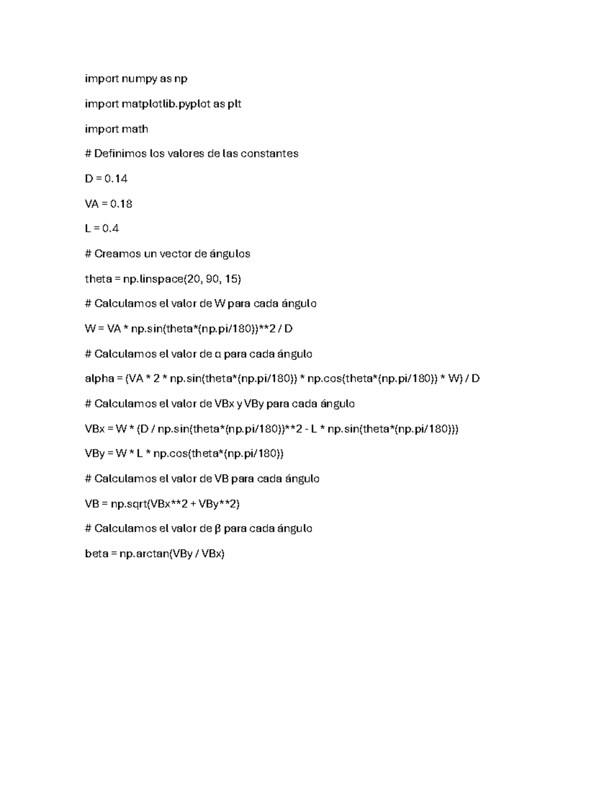 Codigo dinamica - import numpy as np import matplotlib as plt import math Definimos los valores ...