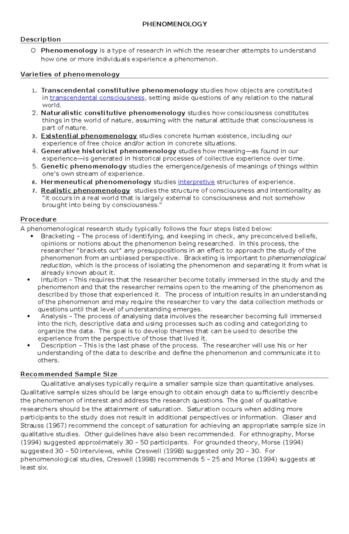 Research-Phenomenology-notes - PHENOMENOLOGY Description O ...