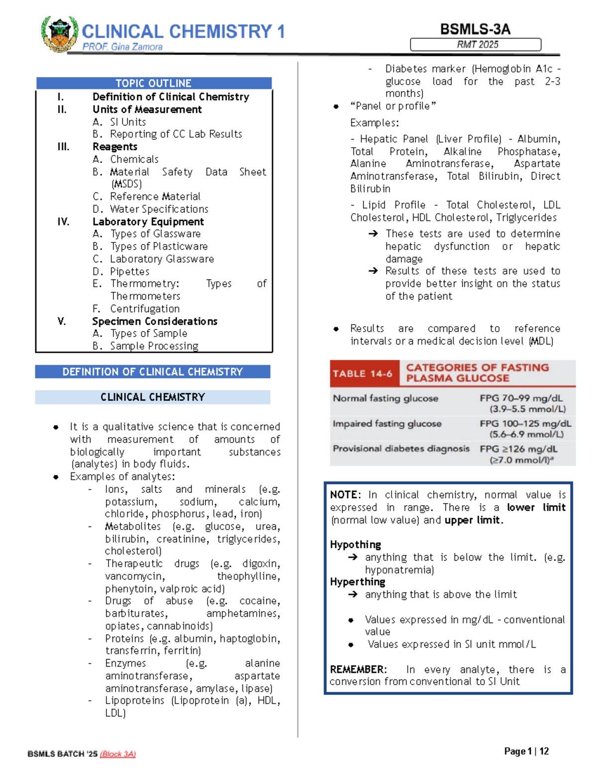 intro to clin chem - TOPIC OUTLINE I. Definition of Clinical Chemistry ...