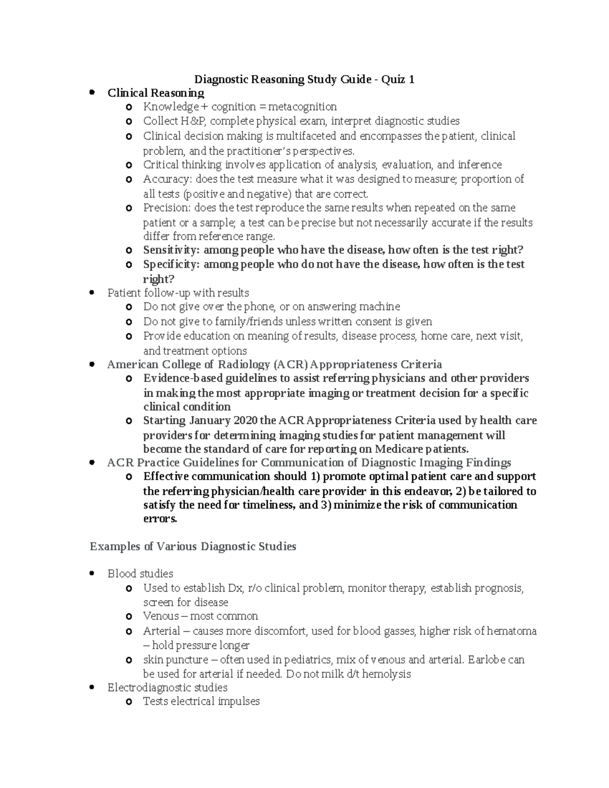 Diagnostics Study Guide Quiz 1 - Diagnostic Reasoning Study Guide ...