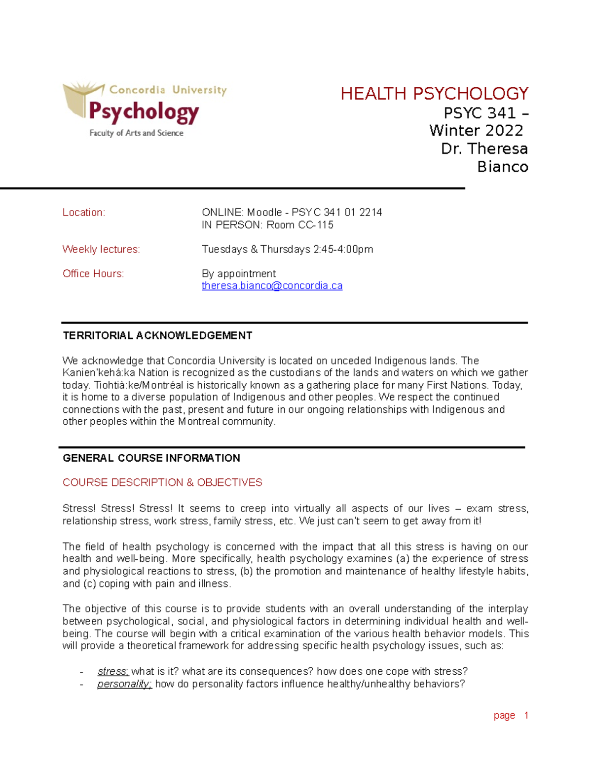 341 Course outline Winter 2022 - HEALTH PSYCHOLOGY PSYC 341 – Winter ...