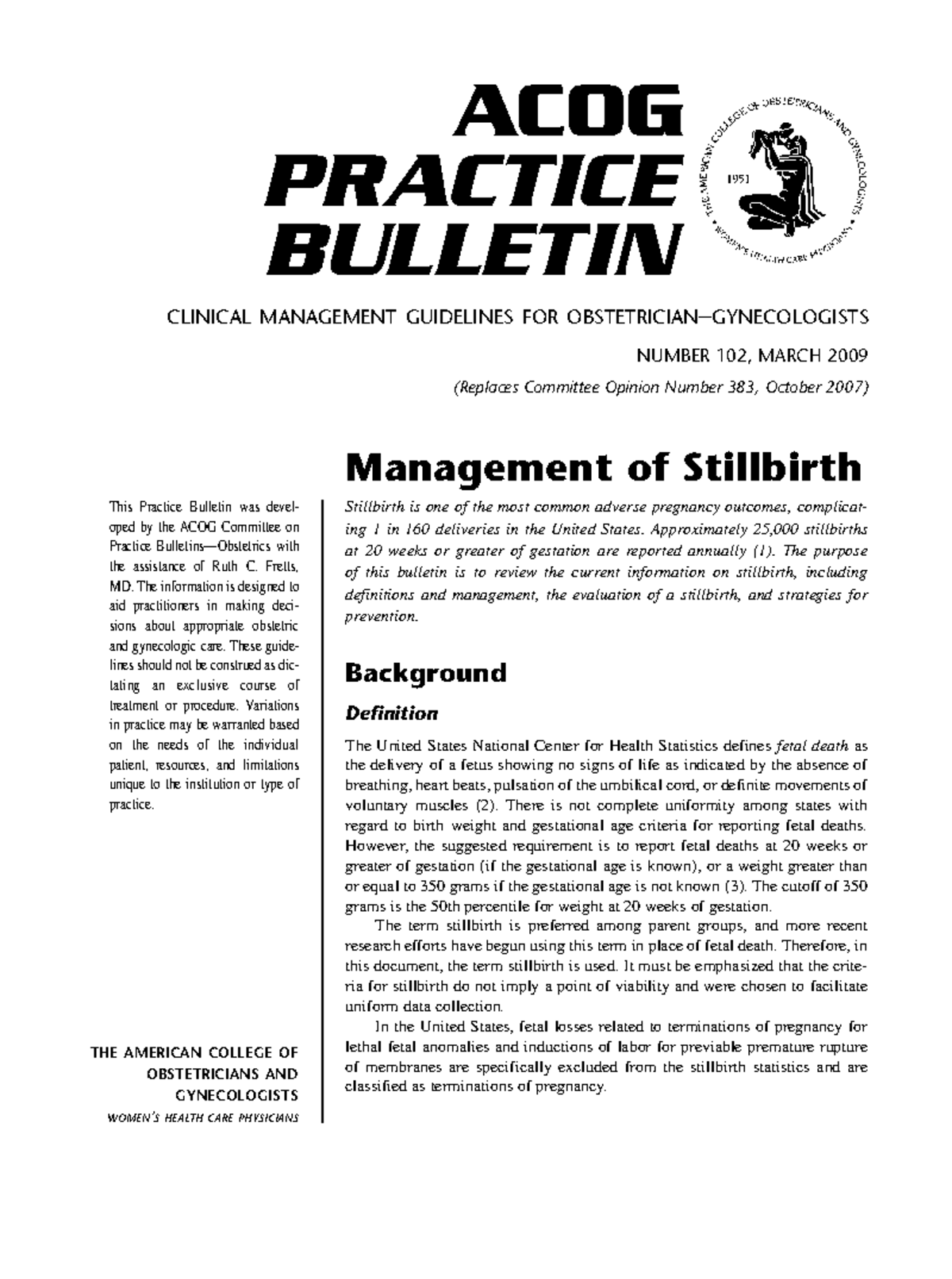 Acog management of stillbirth 1 - CLINICAL MANAGEMENT GUIDELINES FOR ...