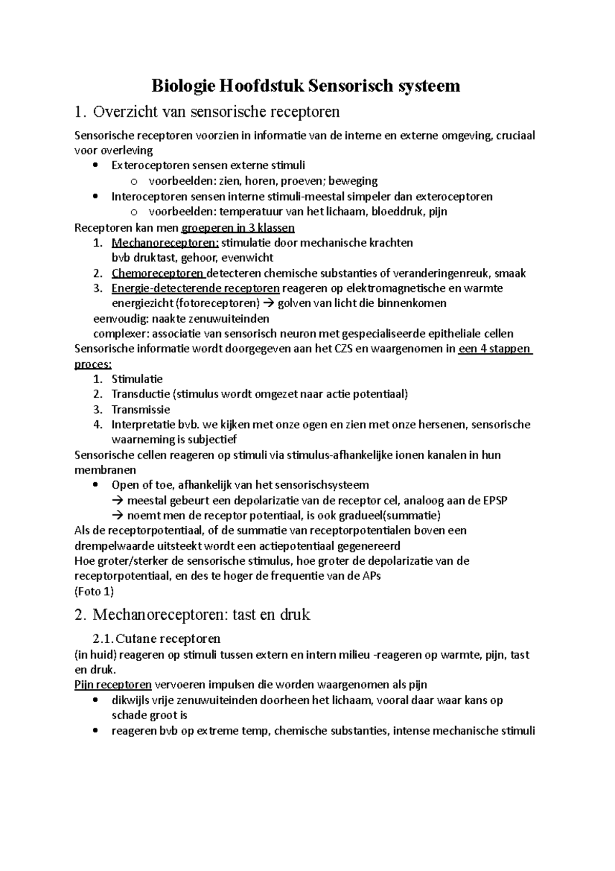Biologie Hoofdstuk Sensorisch systeem - Overzicht van sensorische ...