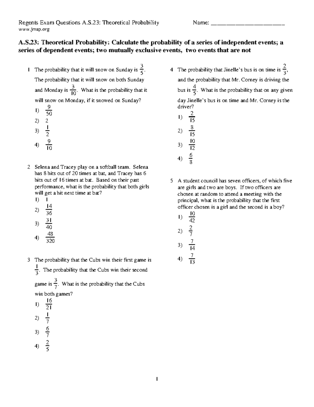 Theoretical Probability 2 - Regents Exam Questions A.S: Theoretical ...