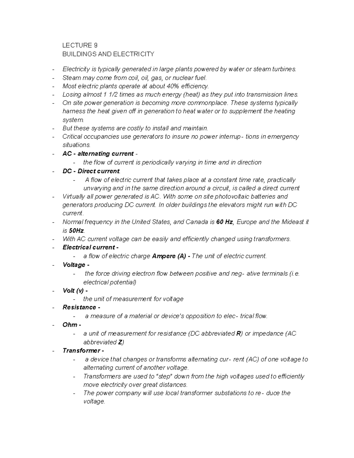 Buildings and electricity - LECTURE 9 BUILDINGS AND ELECTRICITY ...