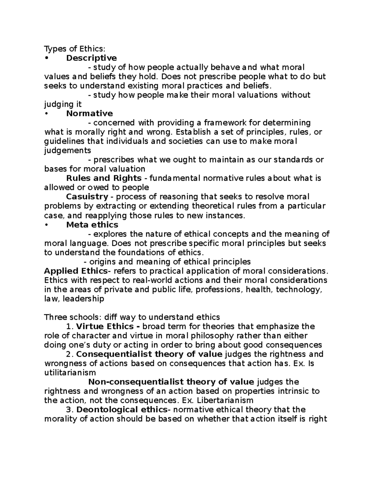 ethics notes for me - Types of Ethics: Descriptive study of how people ...