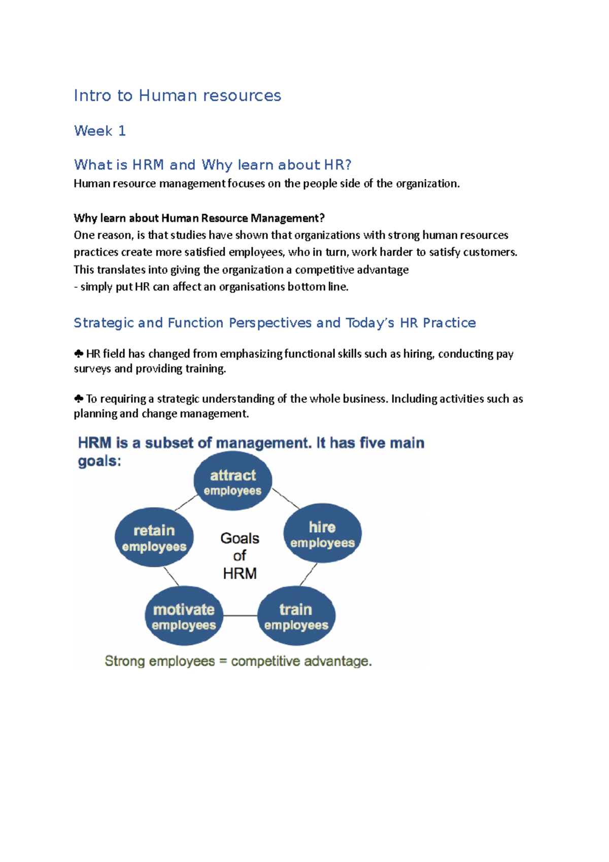 Intro to Human resources notes - Intro to Human resources Week 1 What ...